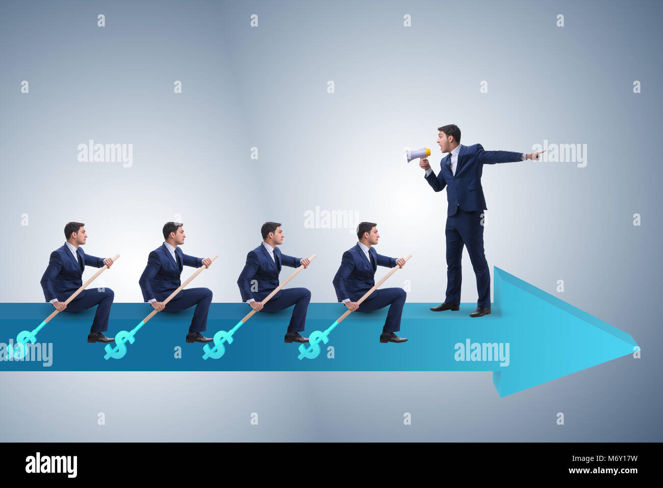 Team of businessmen in teamwork concept with boat Stock Photo - Alamy