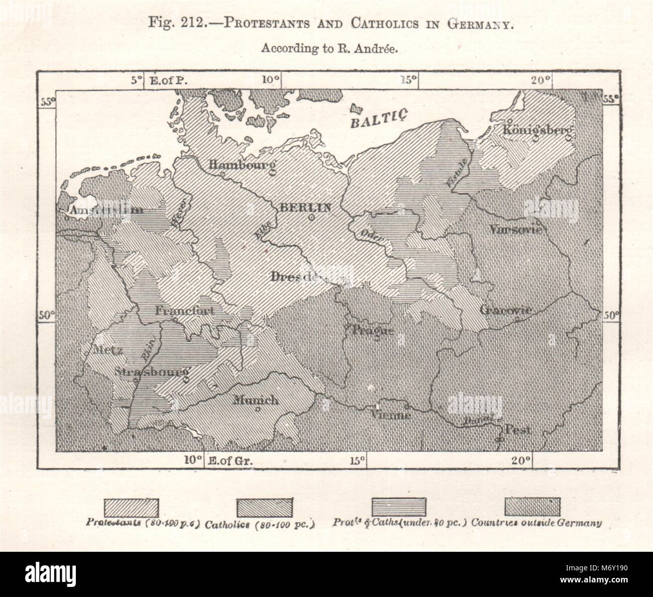 Protestants and Catholics in Germany. Sketch map 1885 old antique chart ...
