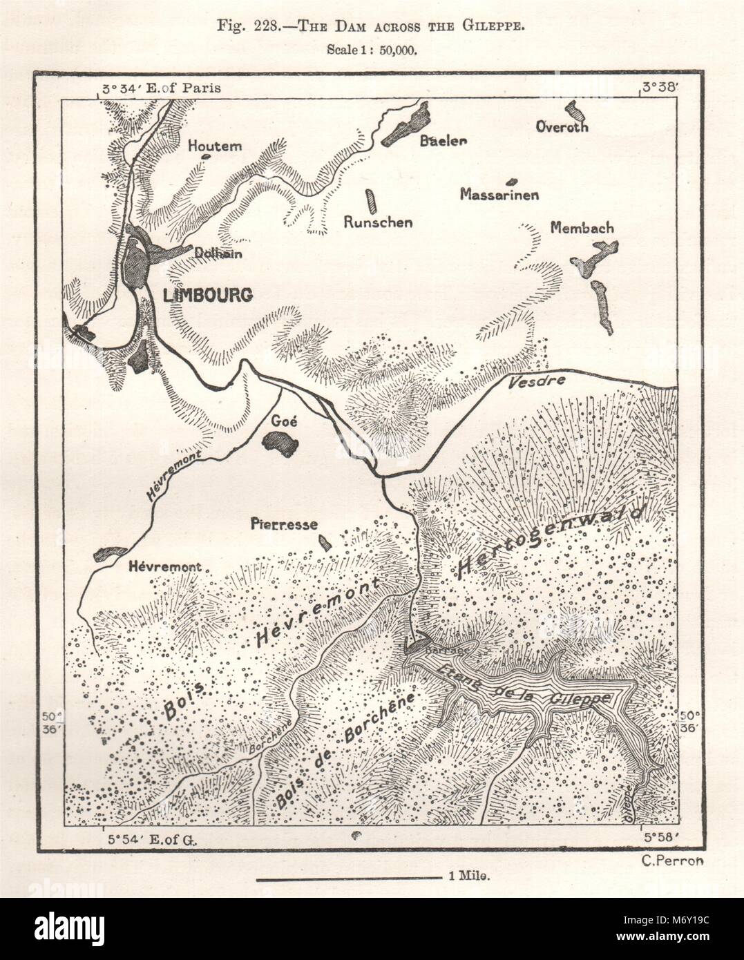 The Dam Across the Gileppe. Limbourg. Belgium. Sketch map 1885 old ...