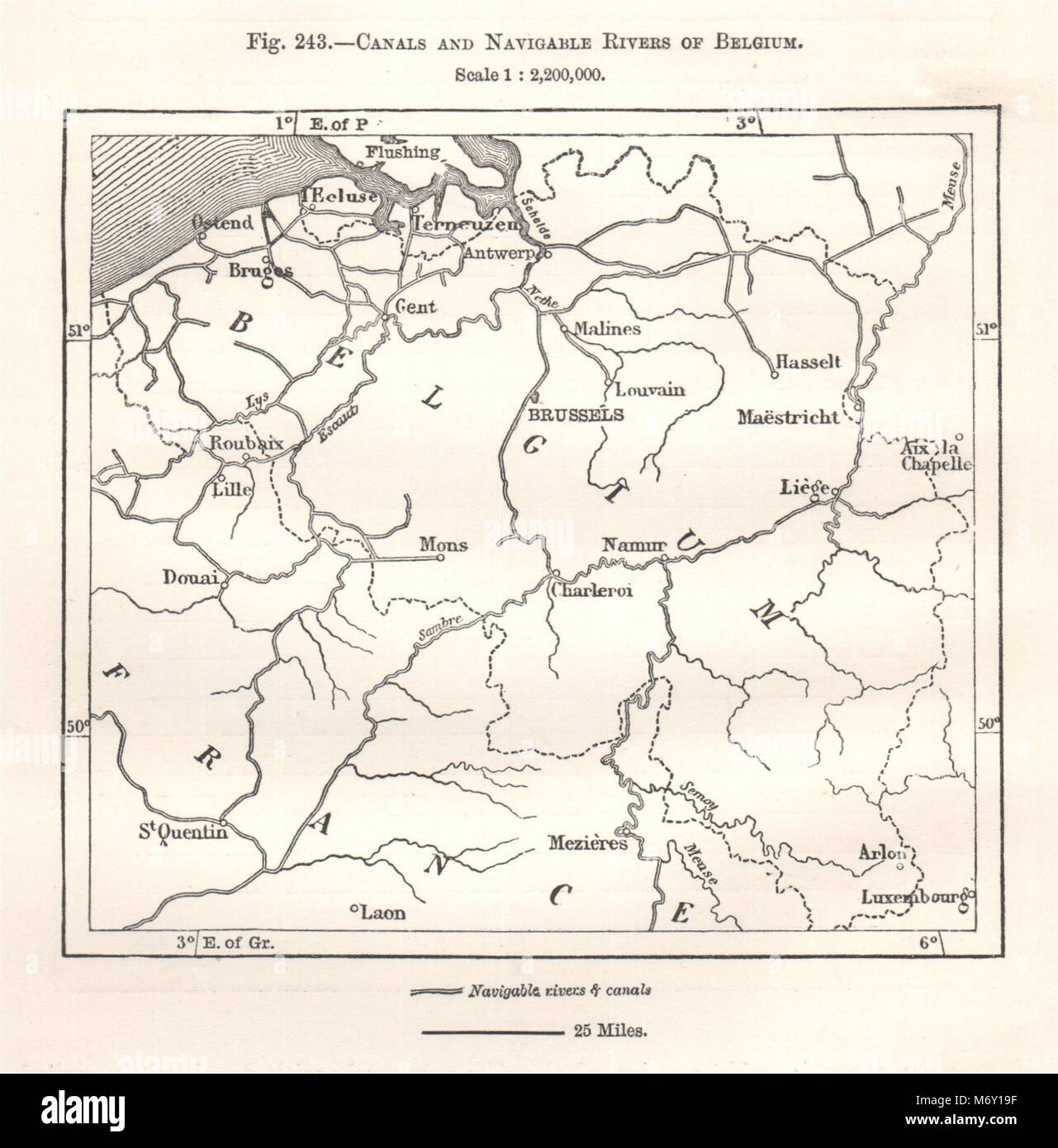 Canals and Navigable Rivers of Belgium. Sketch map 1885 old antique ...
