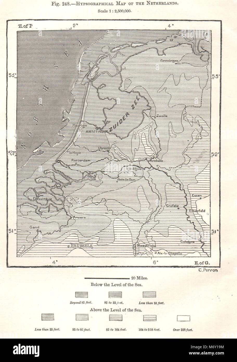 Hypsographical Map of the Netherlands. Elevation. Sketch map 1885 old ...