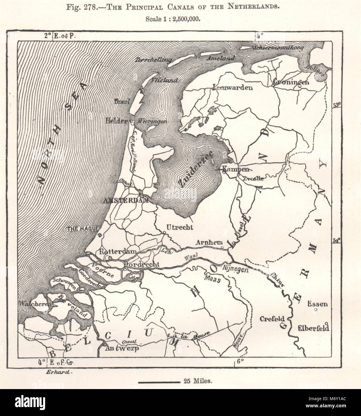 The Principal Canals of the Netherlands. Sketch map 1885 old antique ...