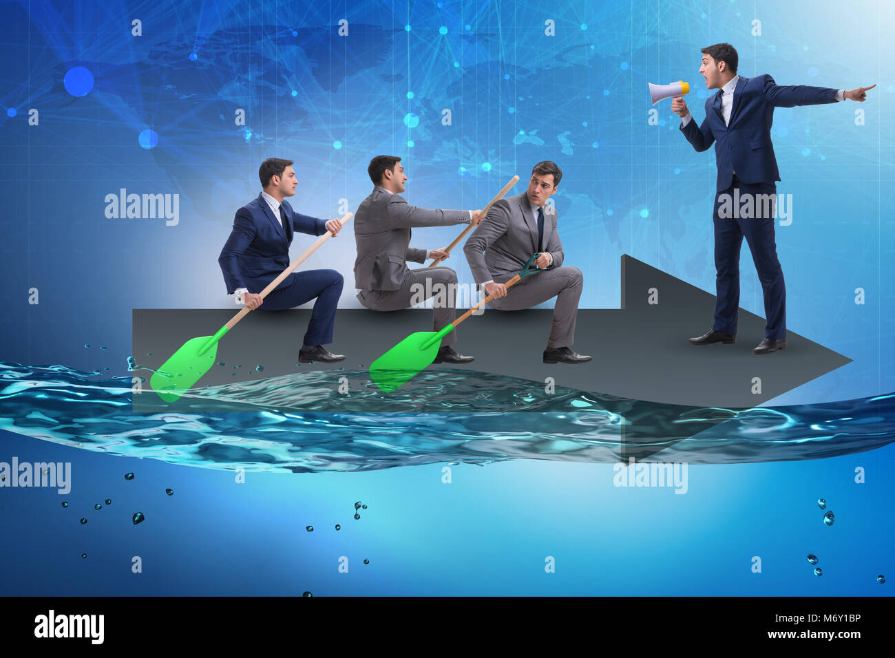 Teamwork concept with businessmen on boat Stock Photo - Alamy