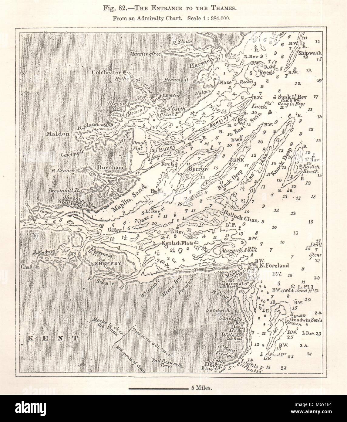 Thames Estuary from an Admiralty Chart. Soundings. Essex. Sketch map ...