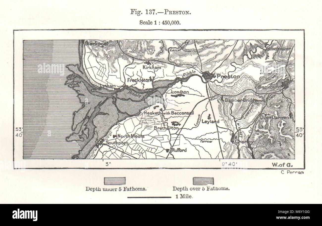 Preston & Ribble Estuary valley. Lancashire. Sketch map 1885 old ...