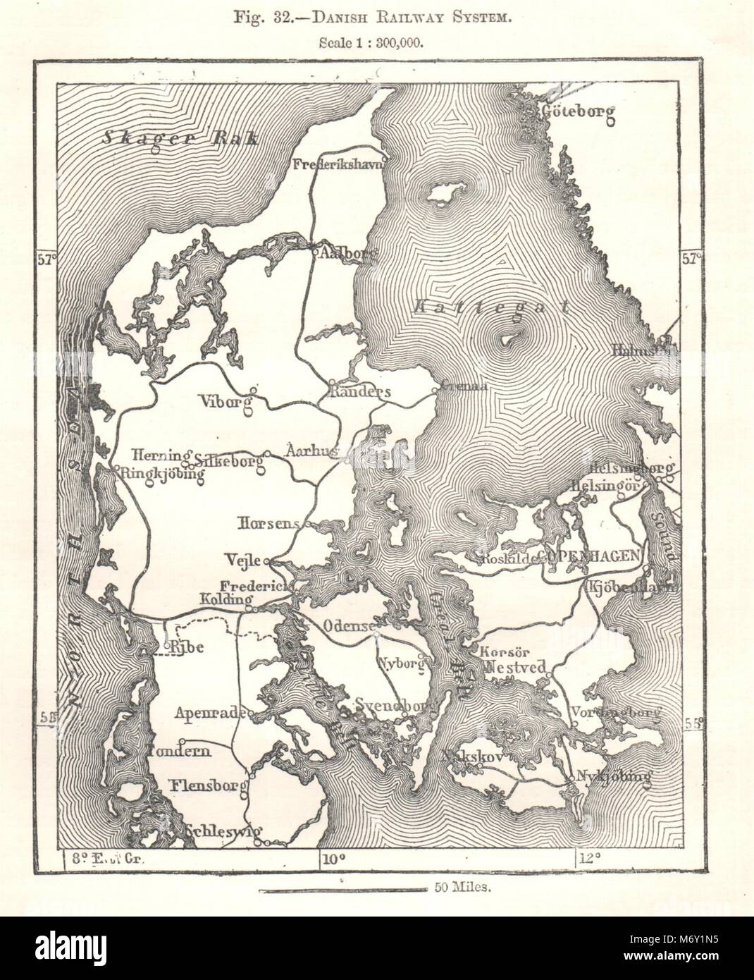 Danish Railway System. Denmark. Sketch map 1885 old antique plan chart ...