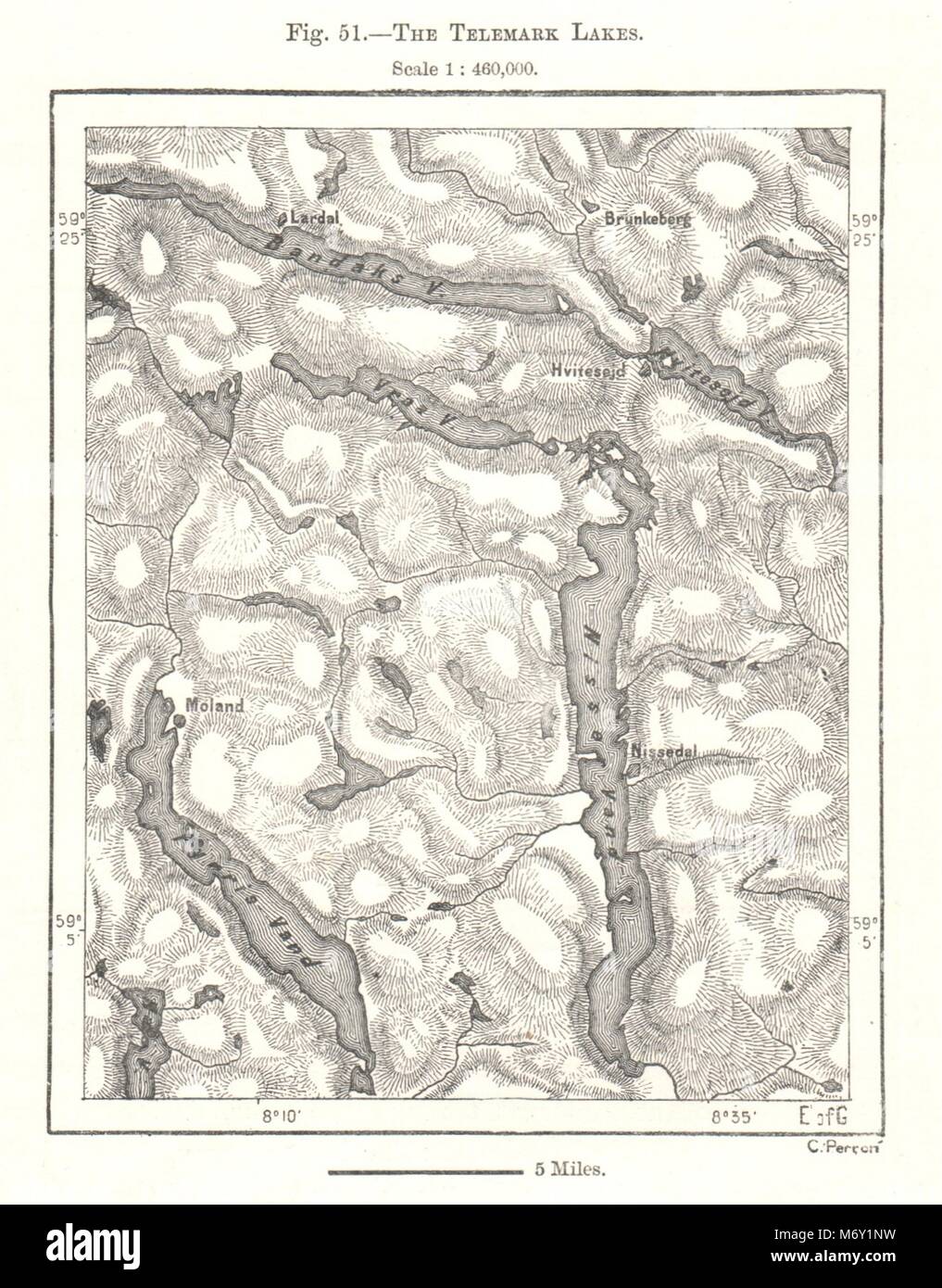 The Telemark Lakes. Norway. Sketch map 1885 old antique vintage plan ...