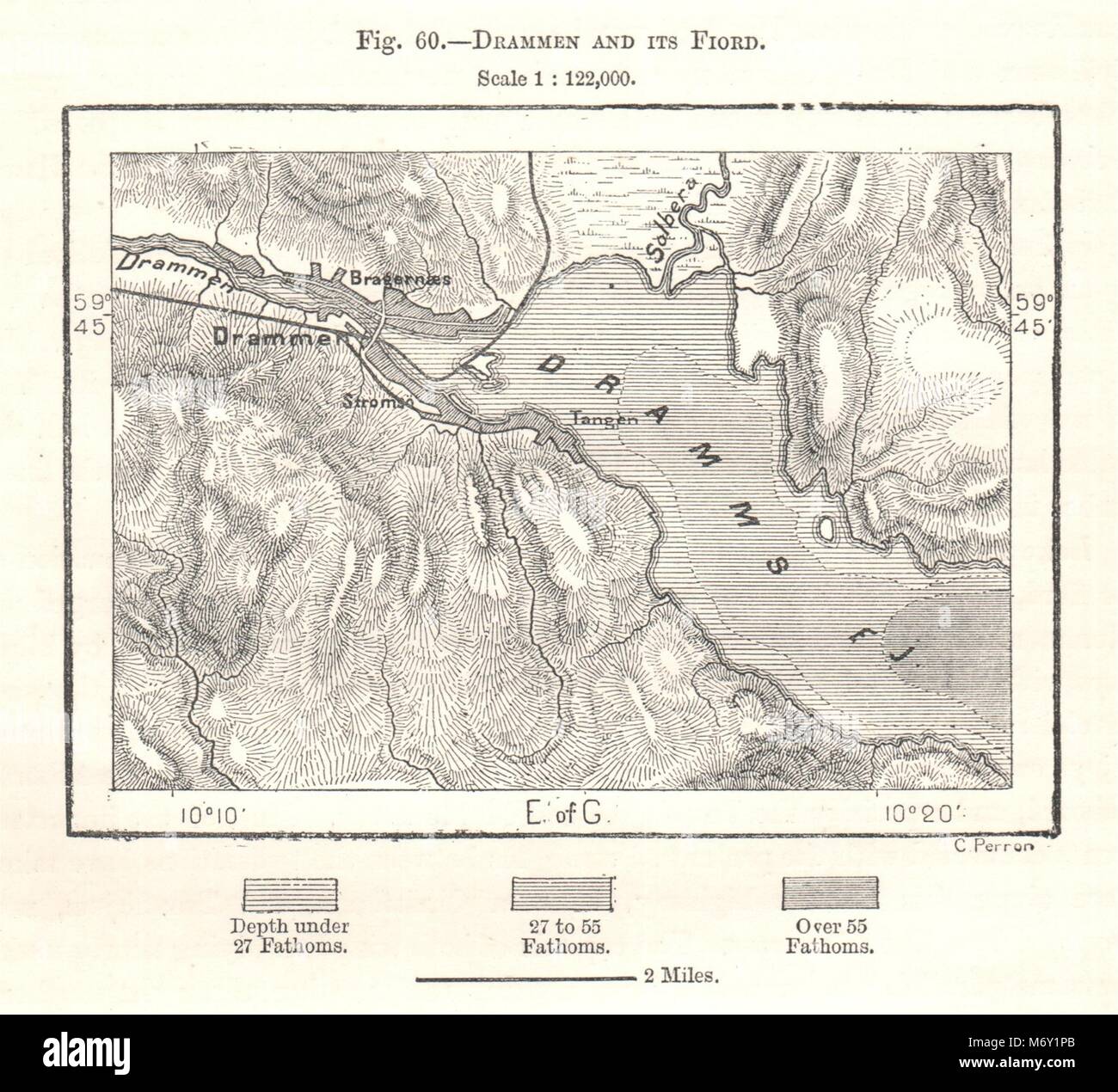 Drammen and its Fiord. Drammensfjorden. Norway. Sketch map 1885 old ...