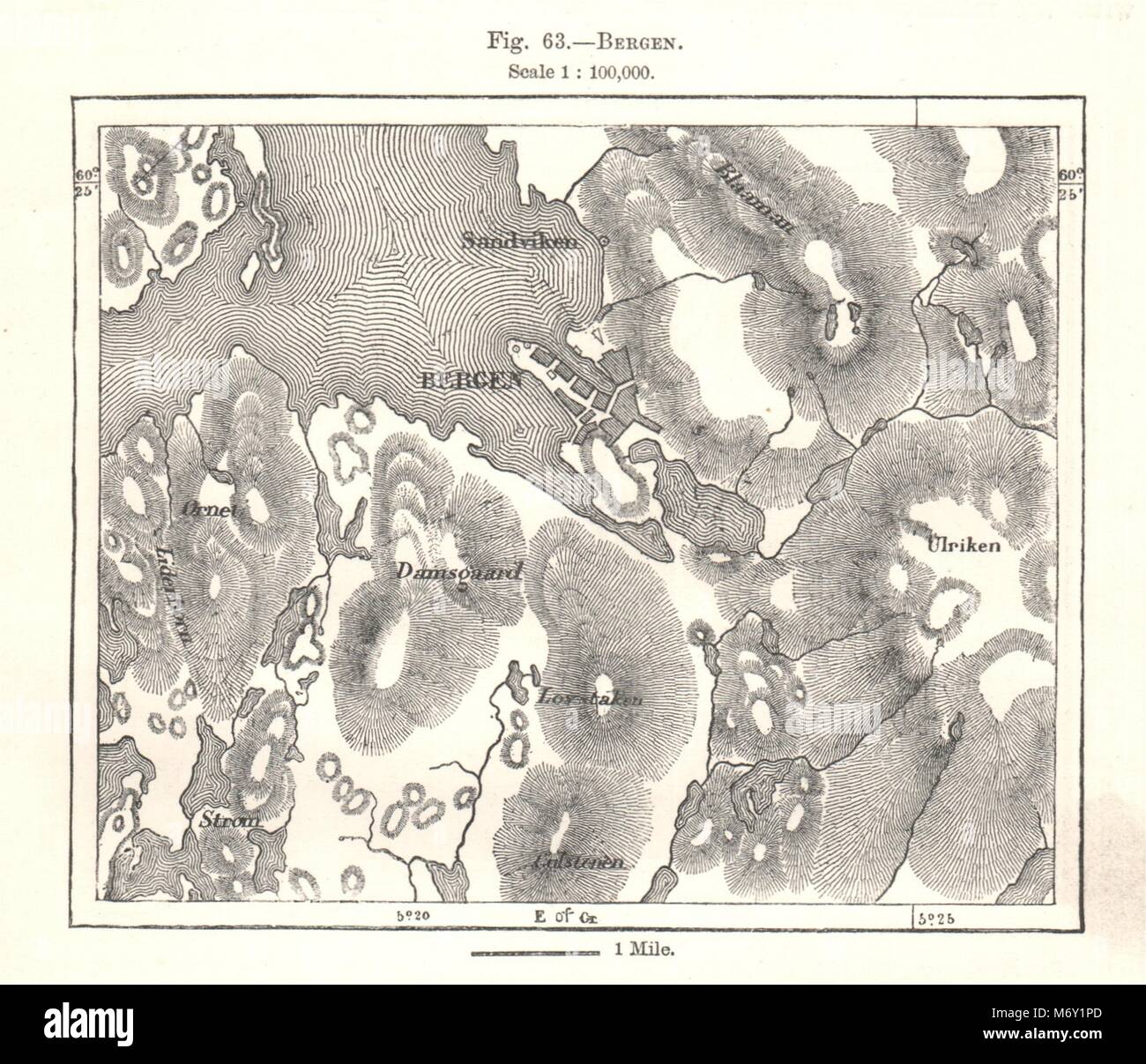 Bergen & environs. Norway. Sketch map 1885 old antique vintage plan ...