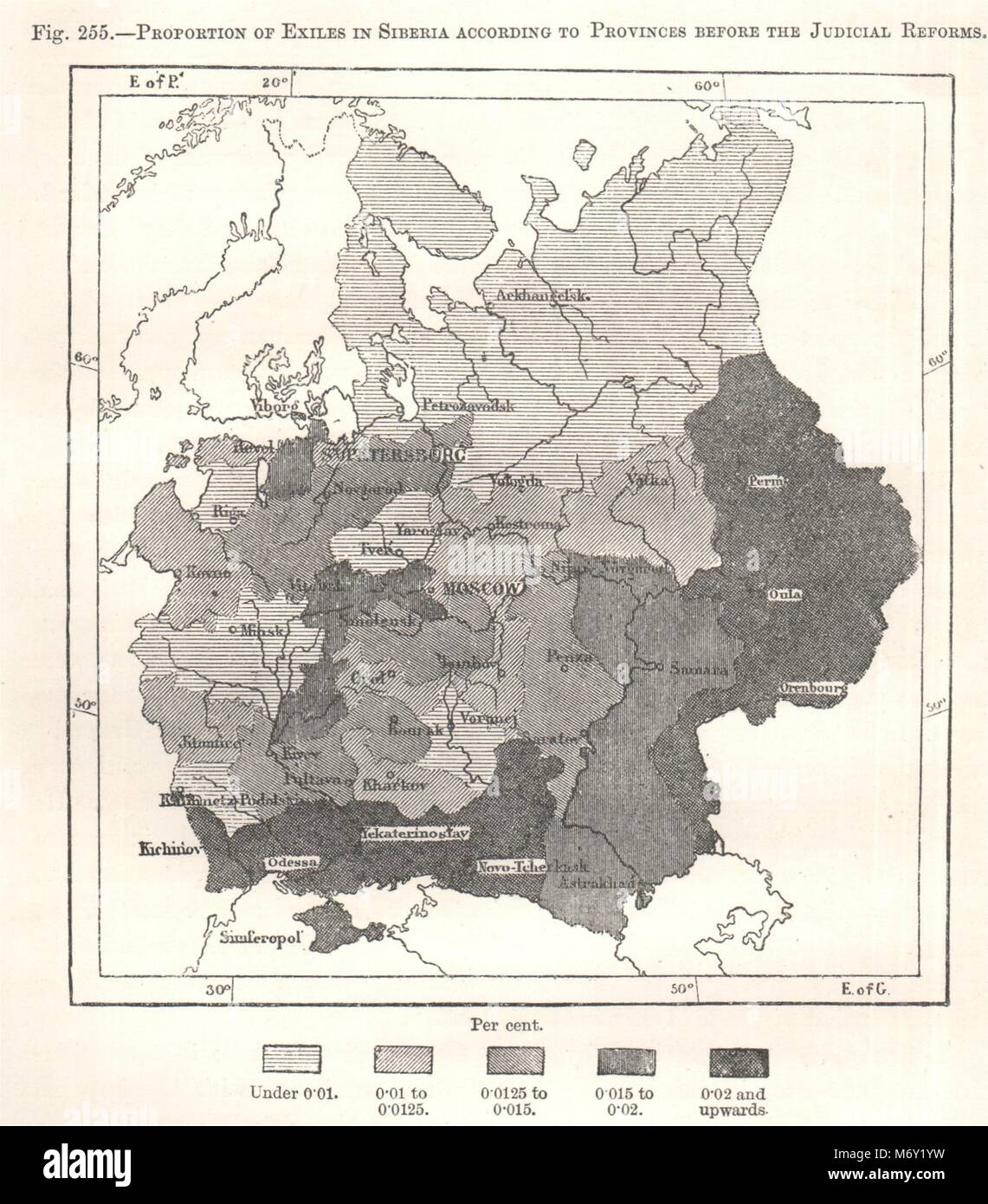 Siberian exiles. % by province pre-Judicial Reforms. Russia. Sketch map ...
