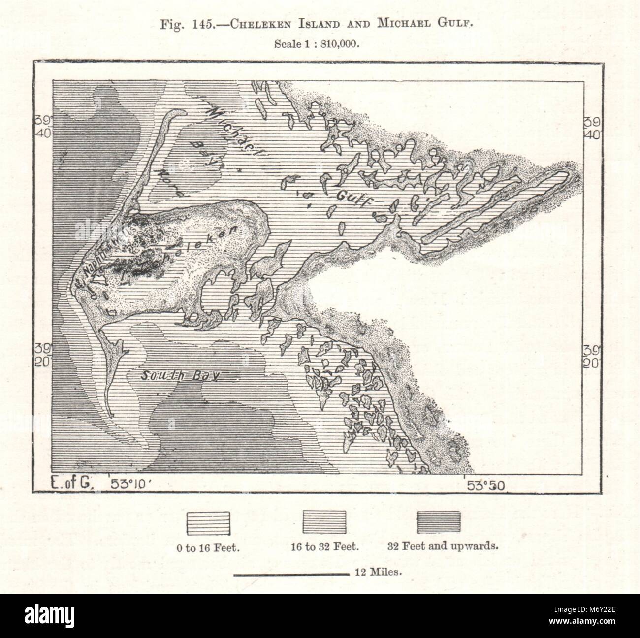 Cheleken Island / peninsula and Turkmenbashi Gulf. Turkmenistan. Sketch ...