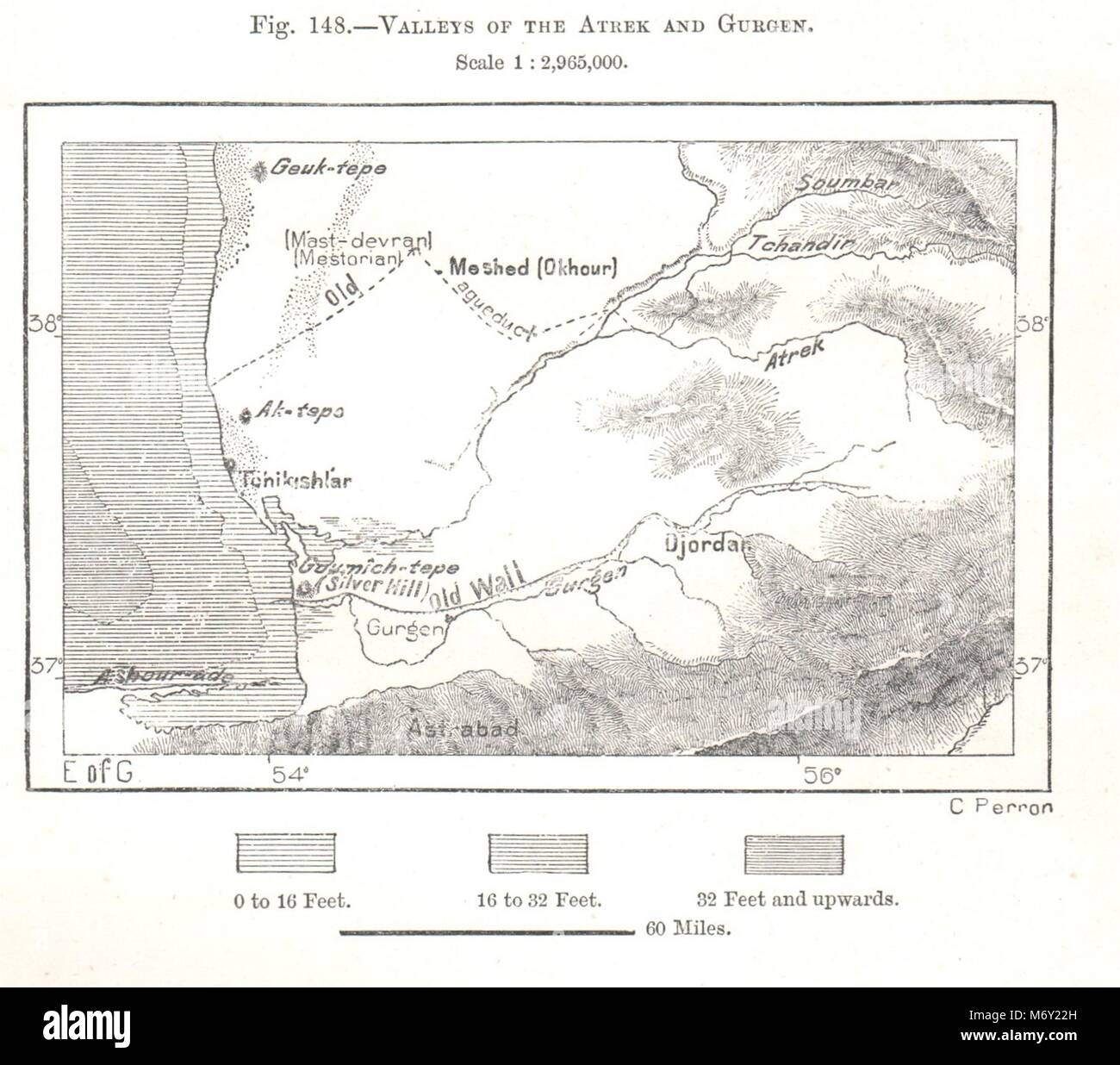Valleys of the Atrek and Gorgan. Iran. Sketch map 1885 old antique ...