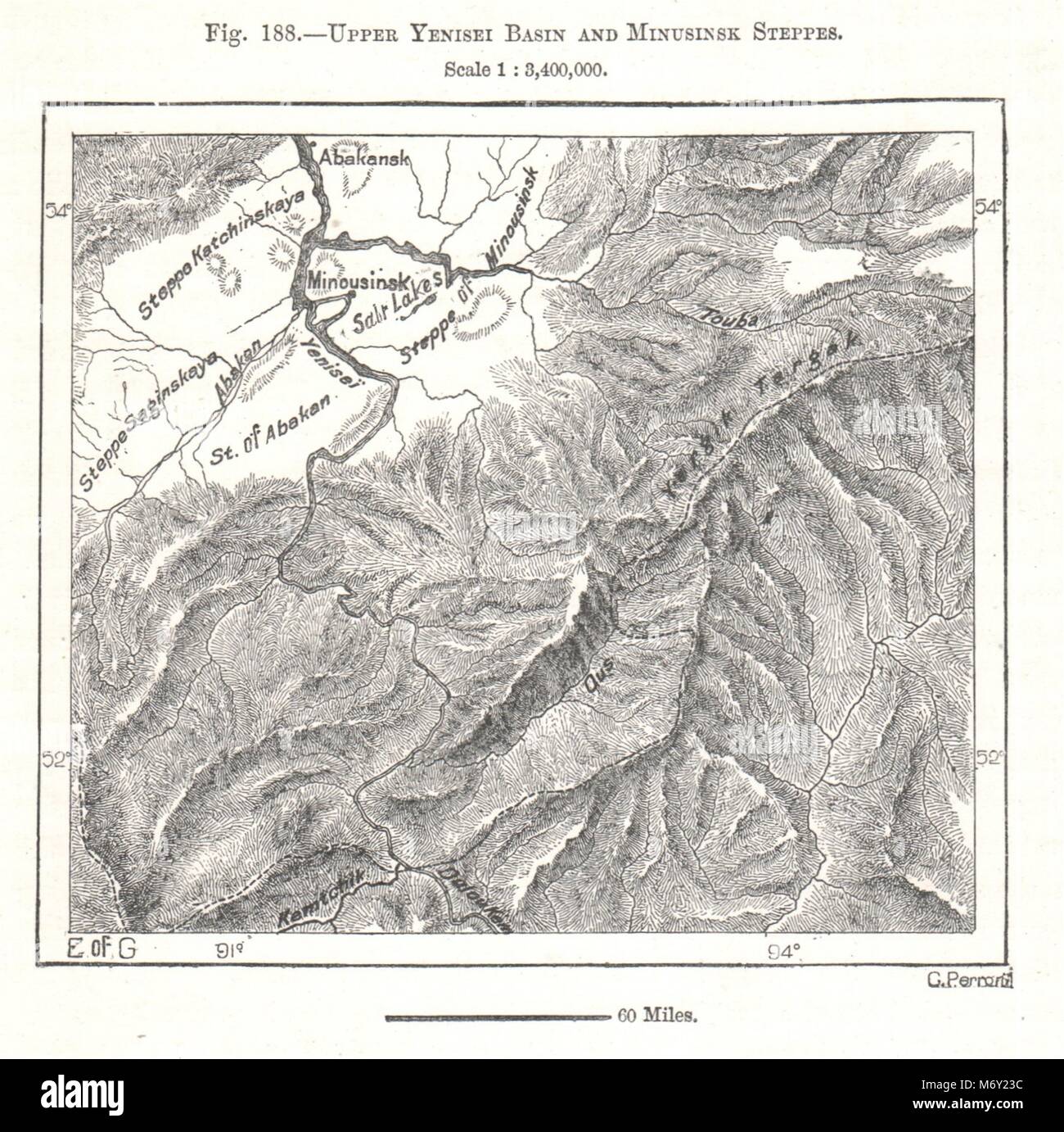 Upper Yenisei Basin and Minusinsk Steppes. Russia. Sketch map 1885 old ...