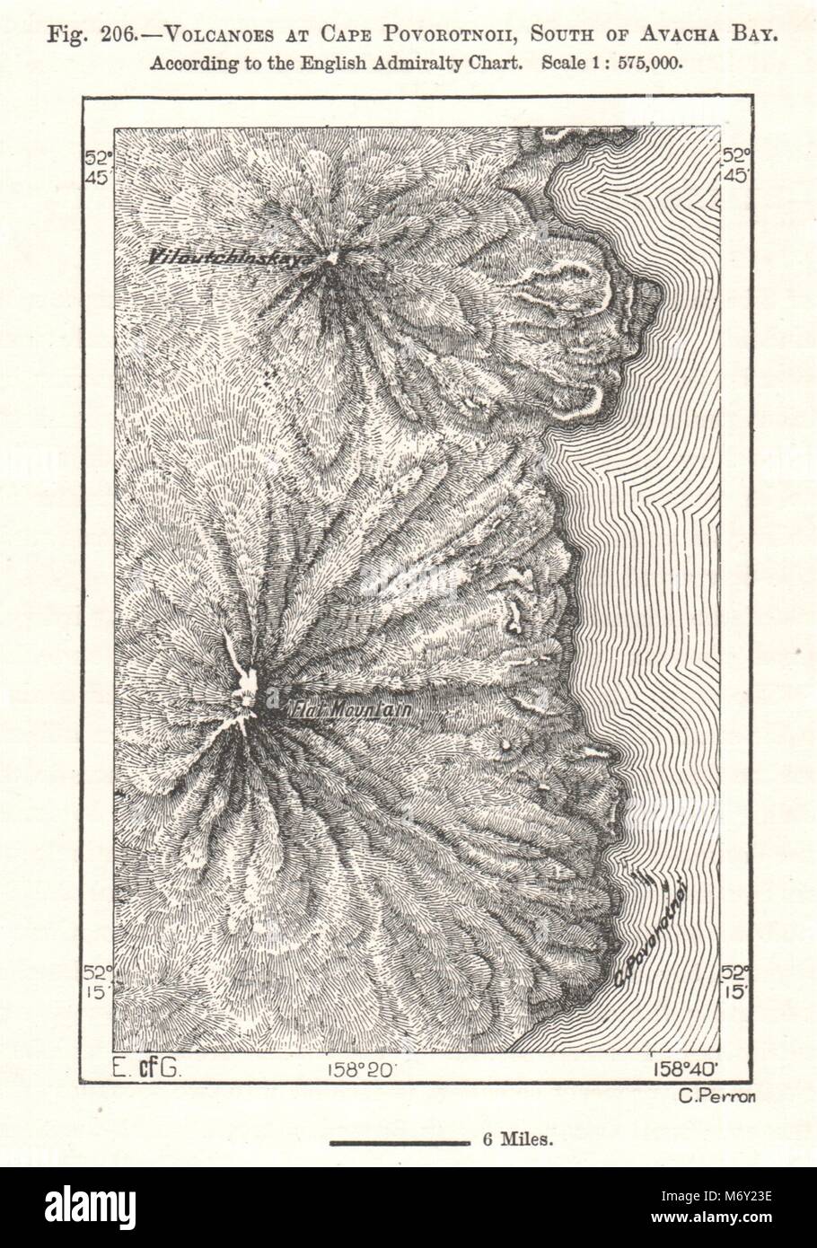 Kamchatka volcanoes. Vilyuchik & Mutnovsky. Avacha Bay. Russia. Sketch ...