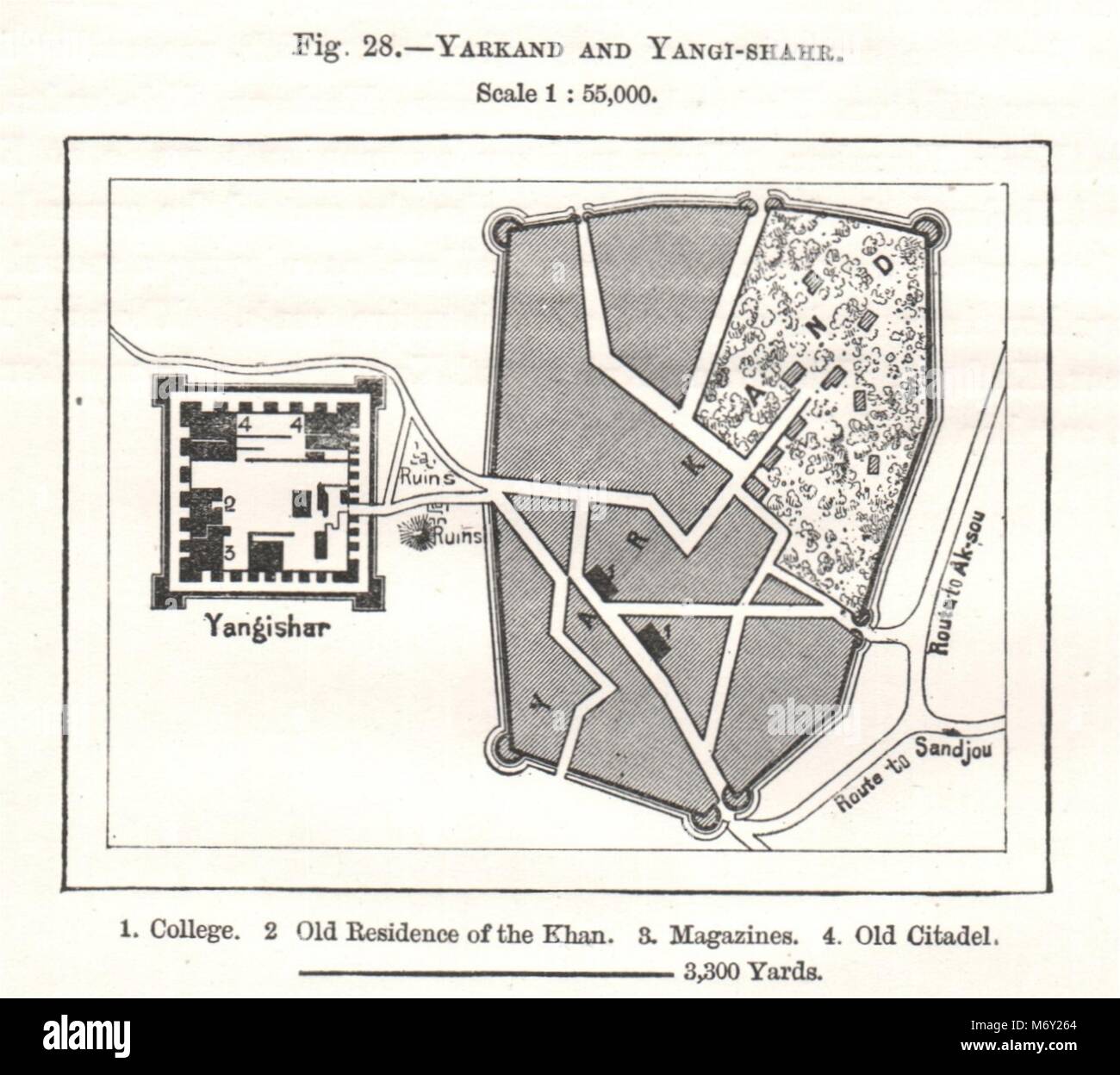 Yarkand and Yangi-shahr. Xinjiang. Yarkant. China. Sketch map 1885 old ...