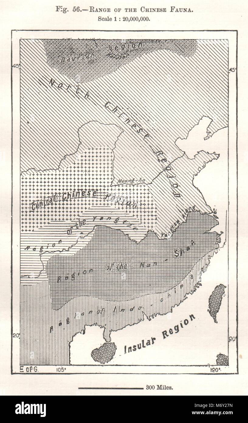 Range of the Chinese Fauna. China. Sketch map 1885 old antique plan ...