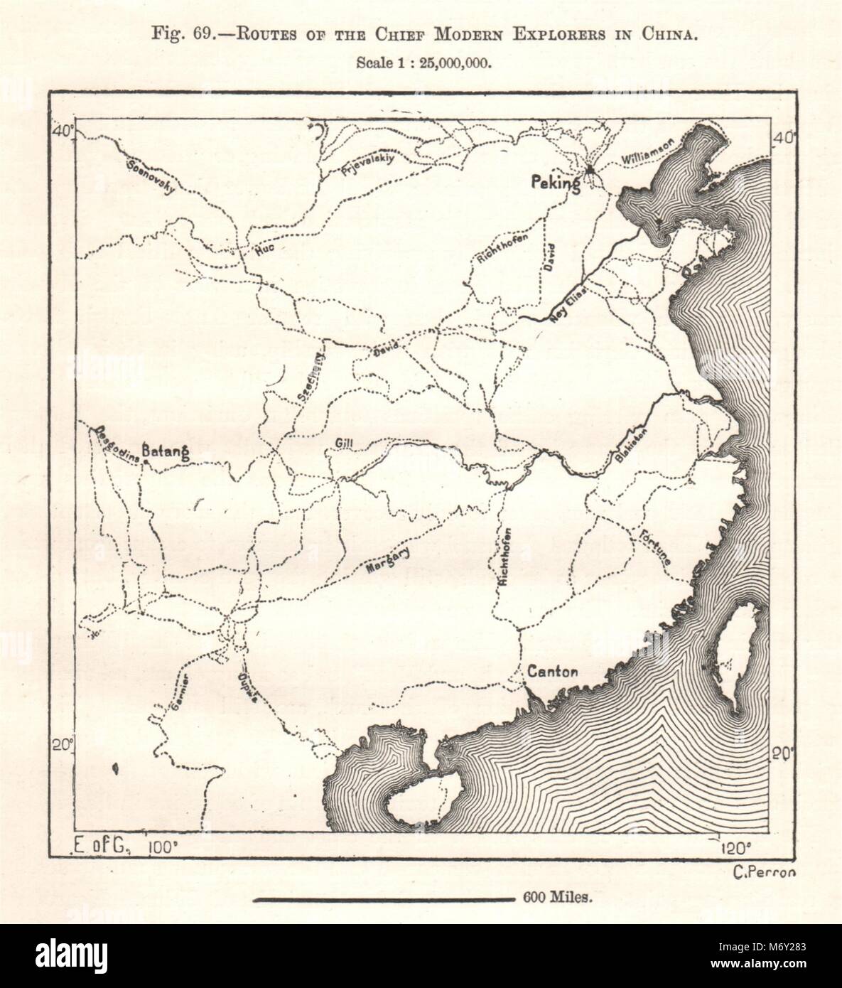 Routes of the Chief Modern Explorers in China. Sketch map 1885 old ...