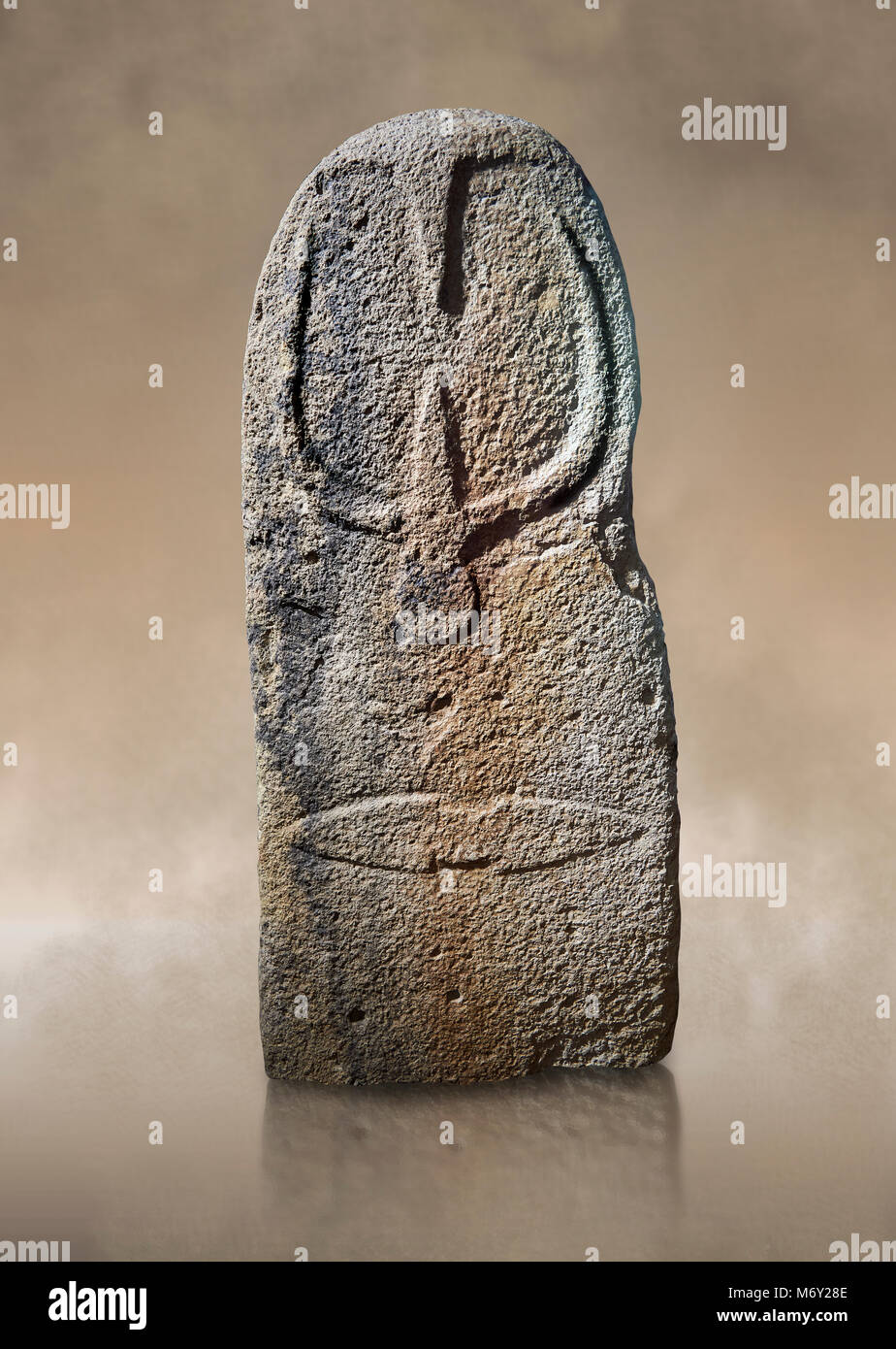 Late European Neolithic prehistoric Menhir standing stone with carvings ...