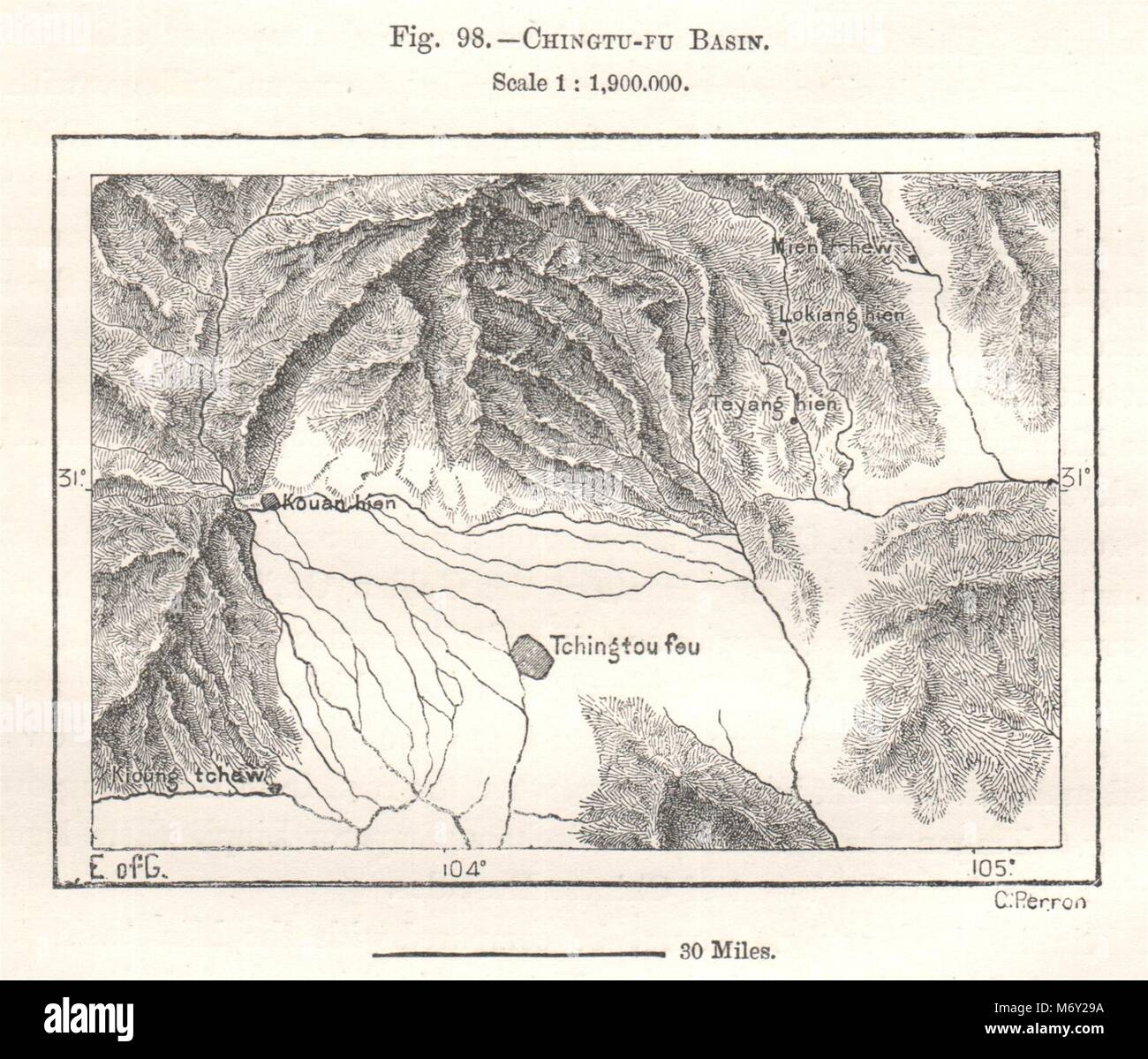 Chingtu-fu Basin (Chengdu plain). China. Sketch map 1885 old antique ...