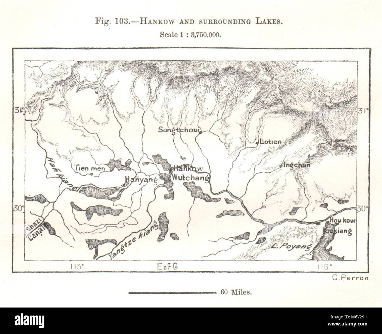 Hankou Wuhan Hanyang & surrounding Lakes. Yangtze river. China. Sketch ...