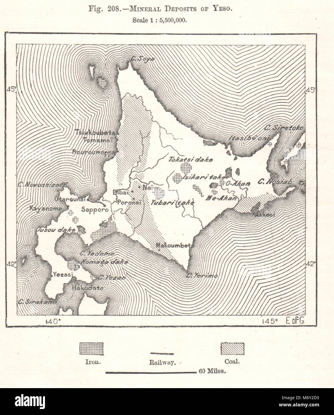 Mineral Deposits of Hokkaido. Iron Coal. Japan. Sketch map 1885 old ...