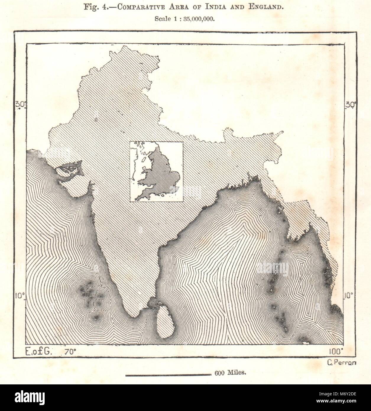 Comparative Area of India and England. Sketch map 1885 old antique ...