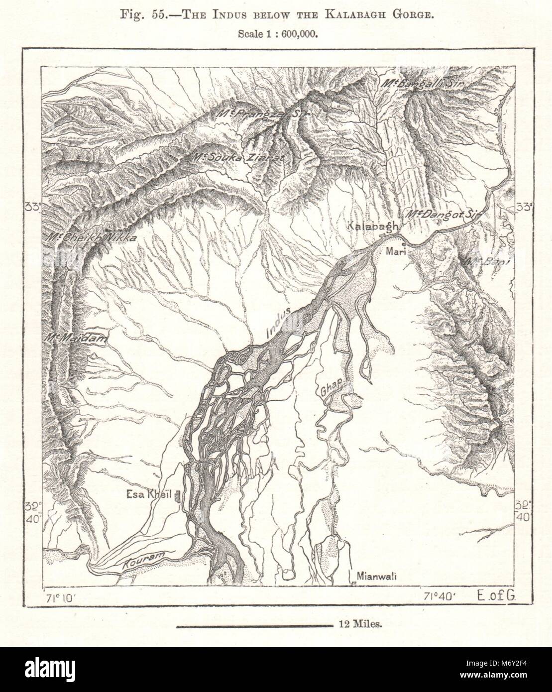 The Indus Below the Kalabagh Gorge. Pakistan. Sketch map 1885 old ...