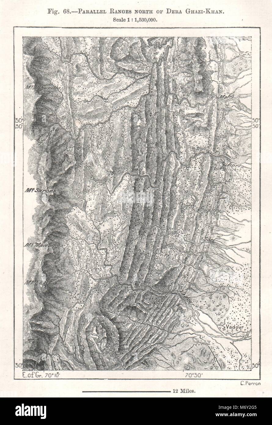 Parallel Ranges North of Dera Ghazi-Khan. Pakistan. Sketch map 1885 old ...