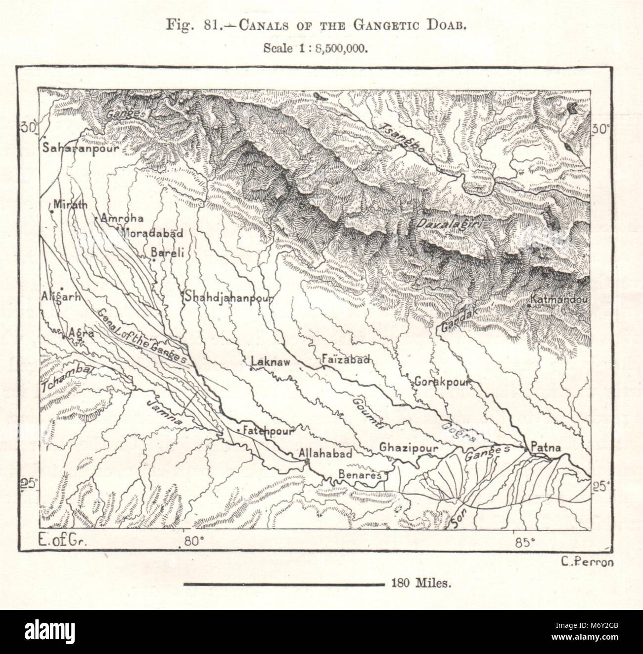 Canals of the Gangetic Doab. Patna. India. Sketch map 1885 old antique ...