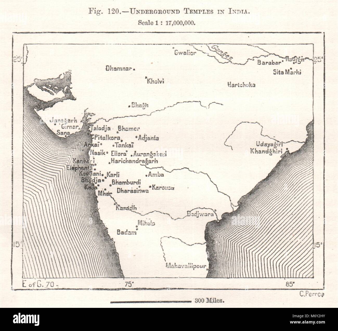 Underground Temples in India. Sketch map 1885 old antique plan chart ...