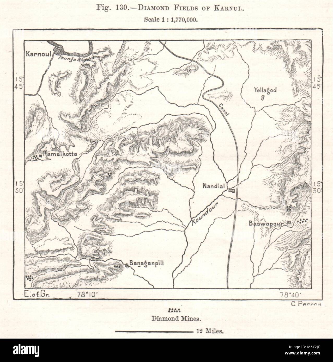 Diamond Fields of Kurnool. India. Sketch map 1885 old antique plan ...