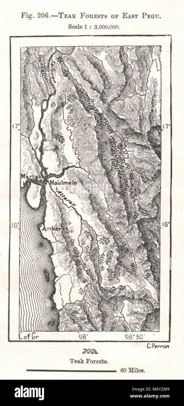 Teak Forests of East Pegu. Burma Myanmar. Sketch map 1885 old antique ...