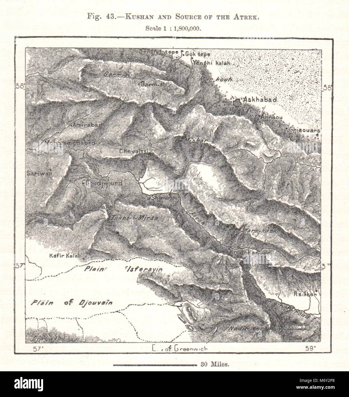 Quchan. Atrek source. Ashgabat Shirvan. Iran Turkmenistan. Sketch map ...