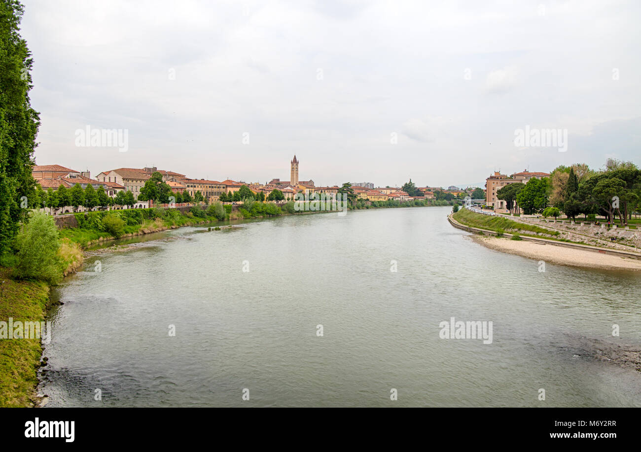 View of Adige river from Castelveccio Bridge, Scaligero bridge, in ...