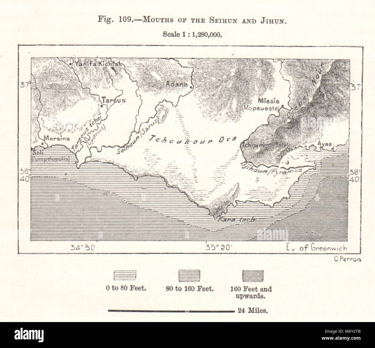 Mouths of the Seyhan and Ceyhan. Turkey. Sketch map 1885 old antique ...
