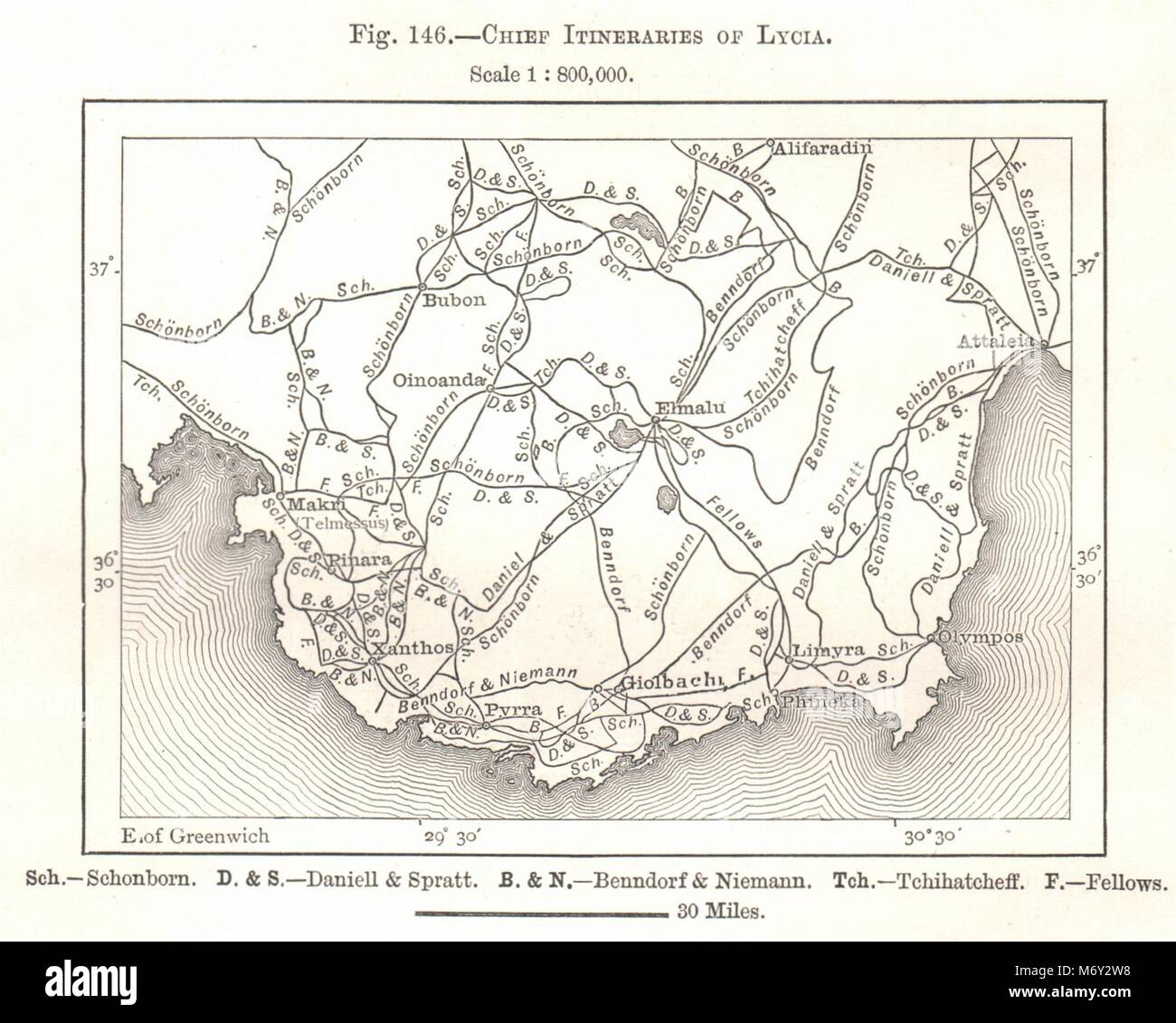 Chief Itineraries of Lycia. Turkey. Sketch map 1885 old antique plan ...
