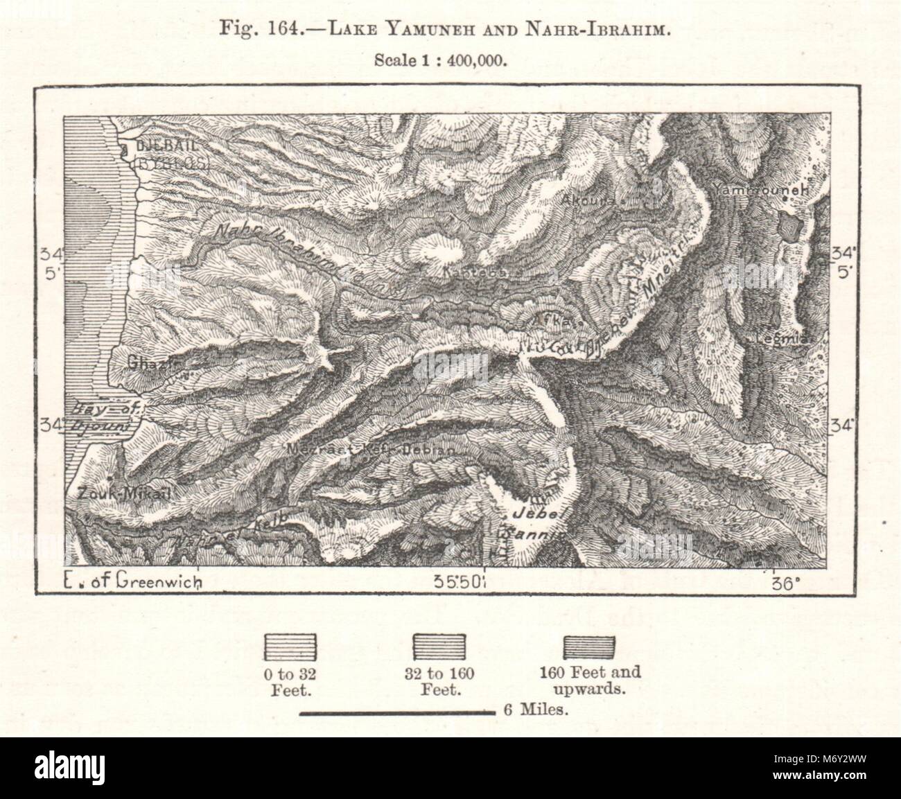 Lake Yammoune and Nahr-Ibrahim river. Lebanon. Sketch map 1885 old ...
