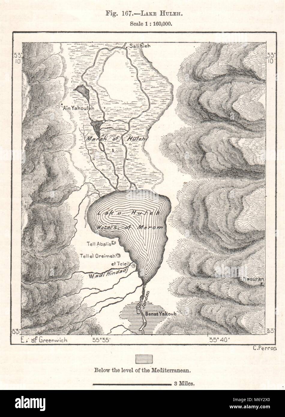 Lake Huleh/Hula. Hahula. Israel. Drained 1950's. Sketch map 1885 old ...