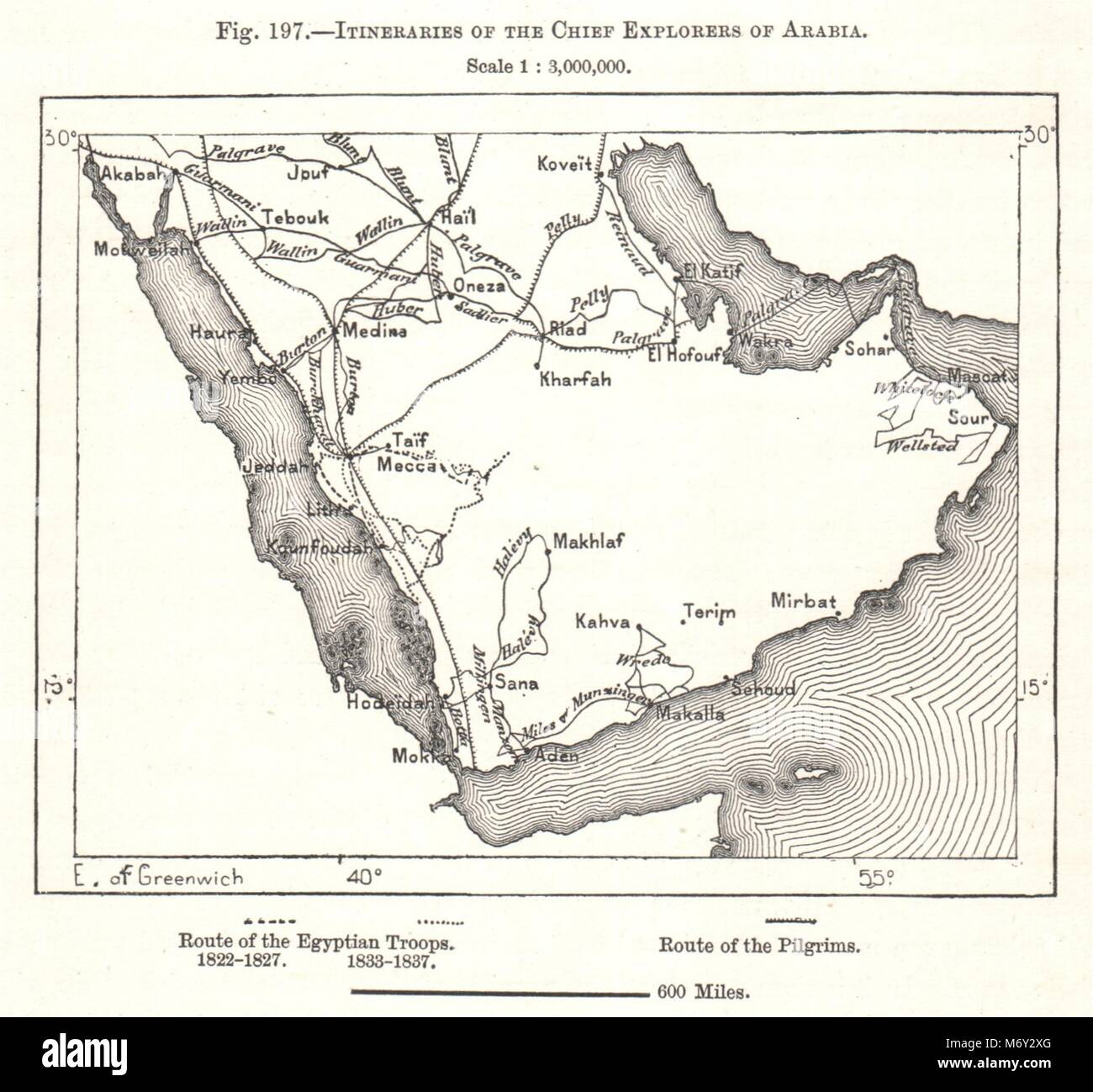 Itineraries of the Chief Explorers of Arabia. Sketch map 1885 old ...