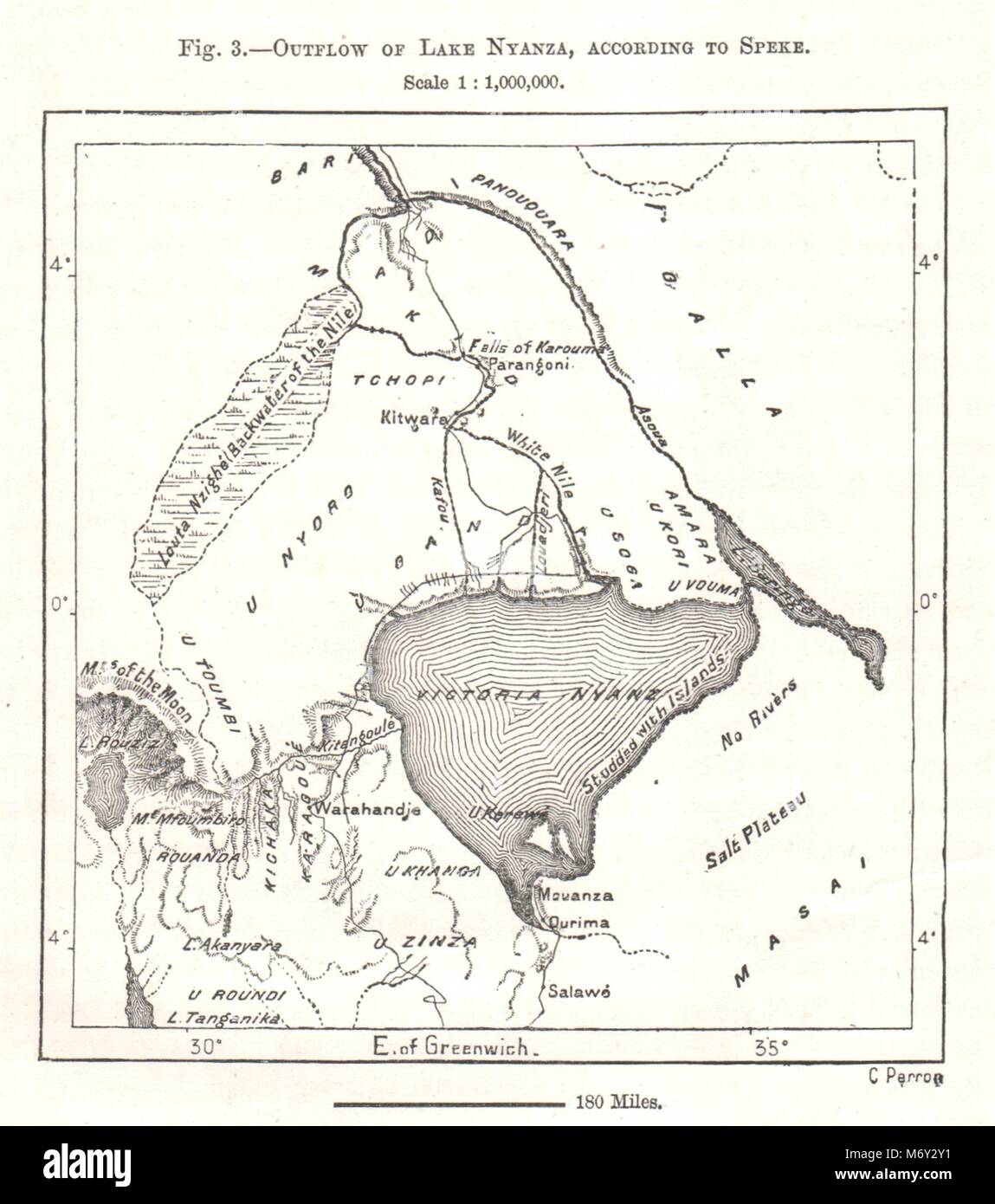 Outflow of Lake Victoria, according to Speke. East Africa. Sketch map ...