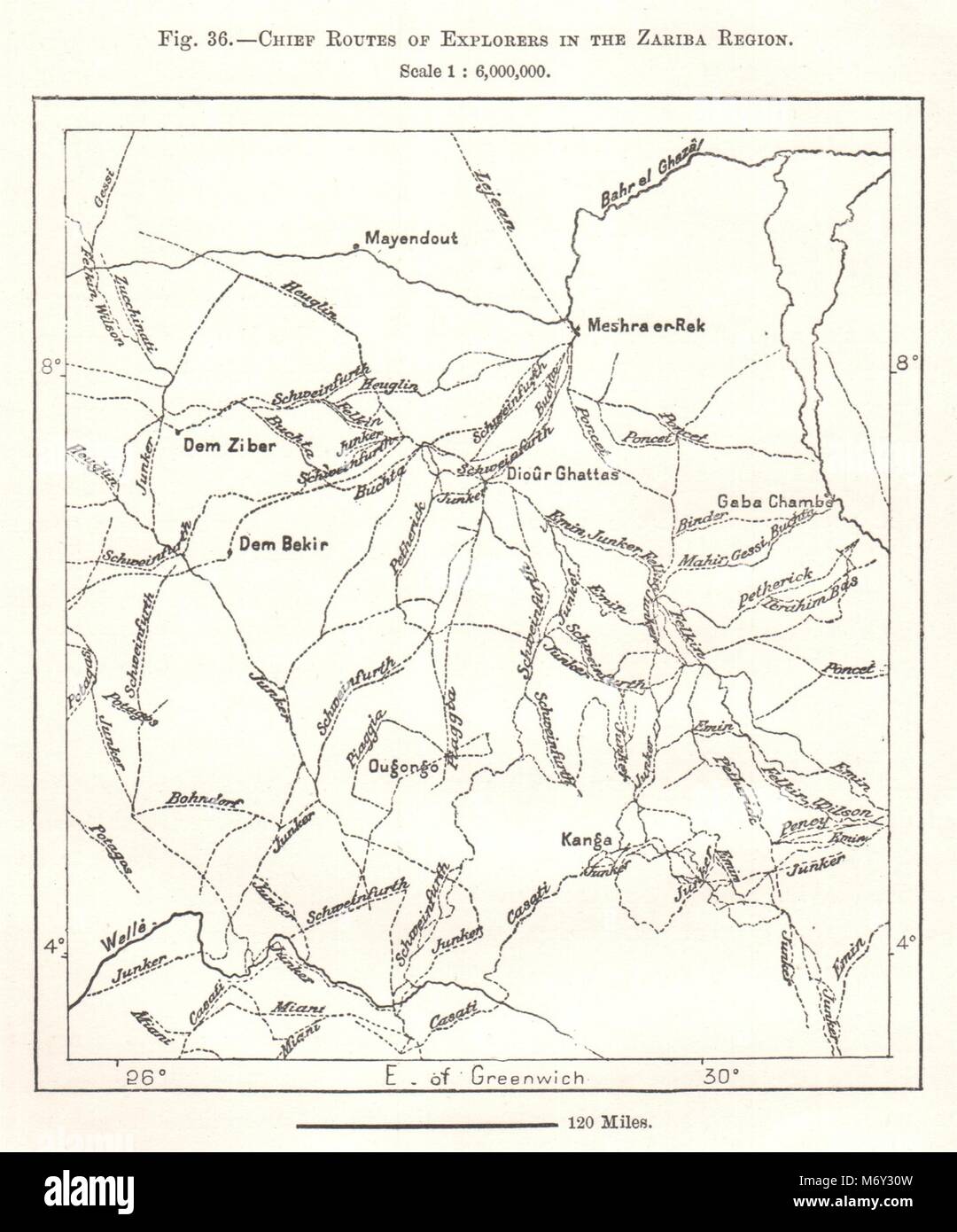 Chief Routes of Explorers in the Zariba Region. Sudan. Sketch map 1885 ...