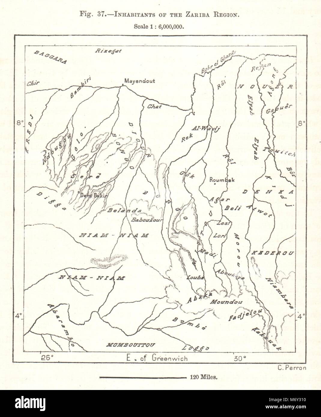 Inhabitants of the Zariba Region. Sudan. Sketch map 1885 old antique ...