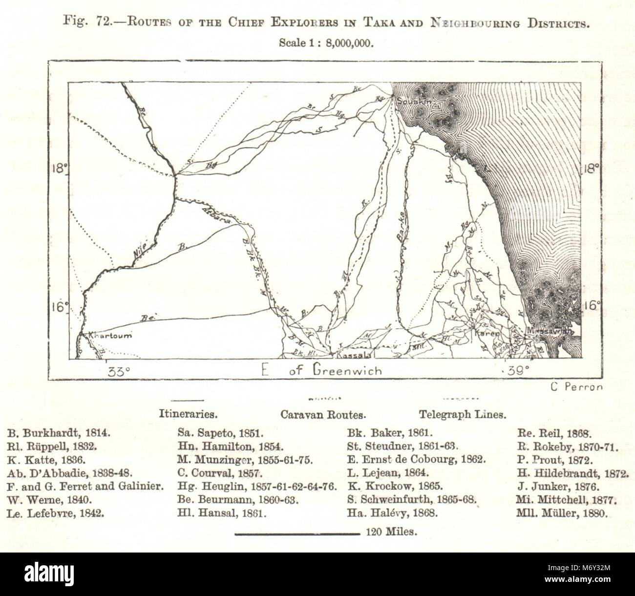 Routes of the Chief Explorers around Taka. Sudan. Sketch map 1885 old ...