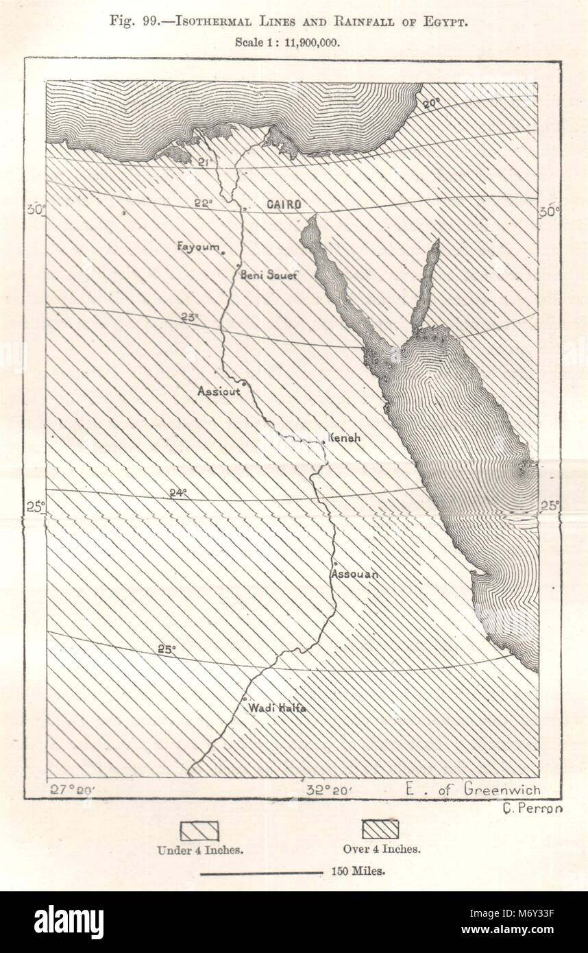 Isothermal Lines and Rainfall of Egypt. Sketch map 1885 old antique ...