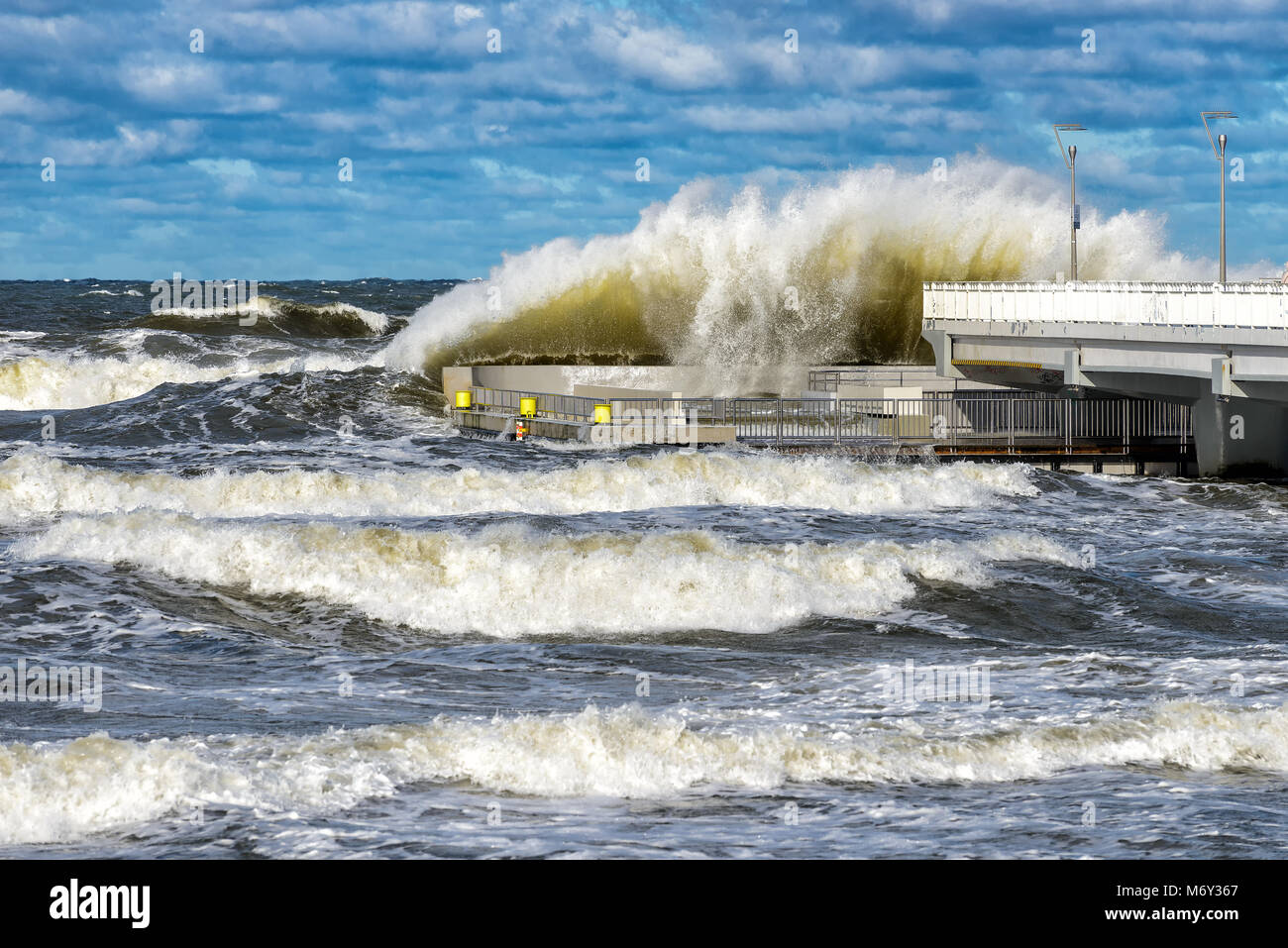 big braking waves during a gale in Kolobrzeg on the coast of the Baltic ...