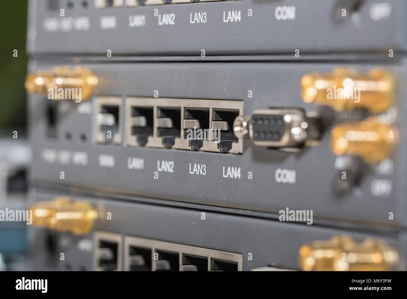 Networking devices WAN, LAN, COM. Close-up networking devices router ...