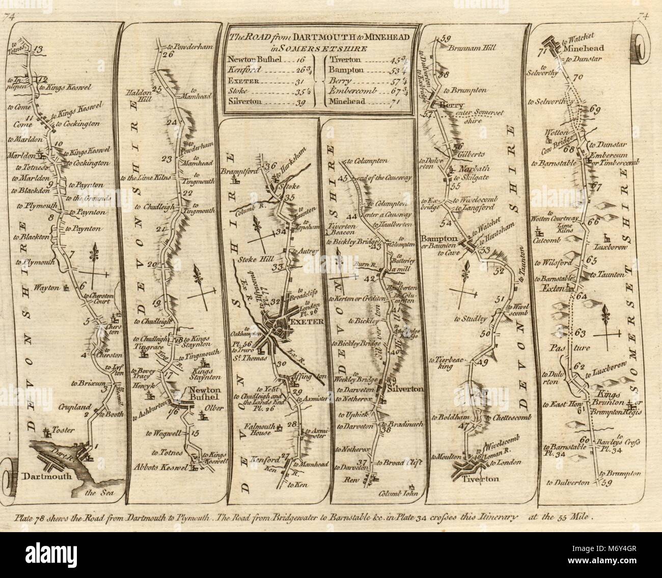 Dartmouth Newton Abbot Exeter Tiverton Minehead. KITCHIN road map 1767 ...