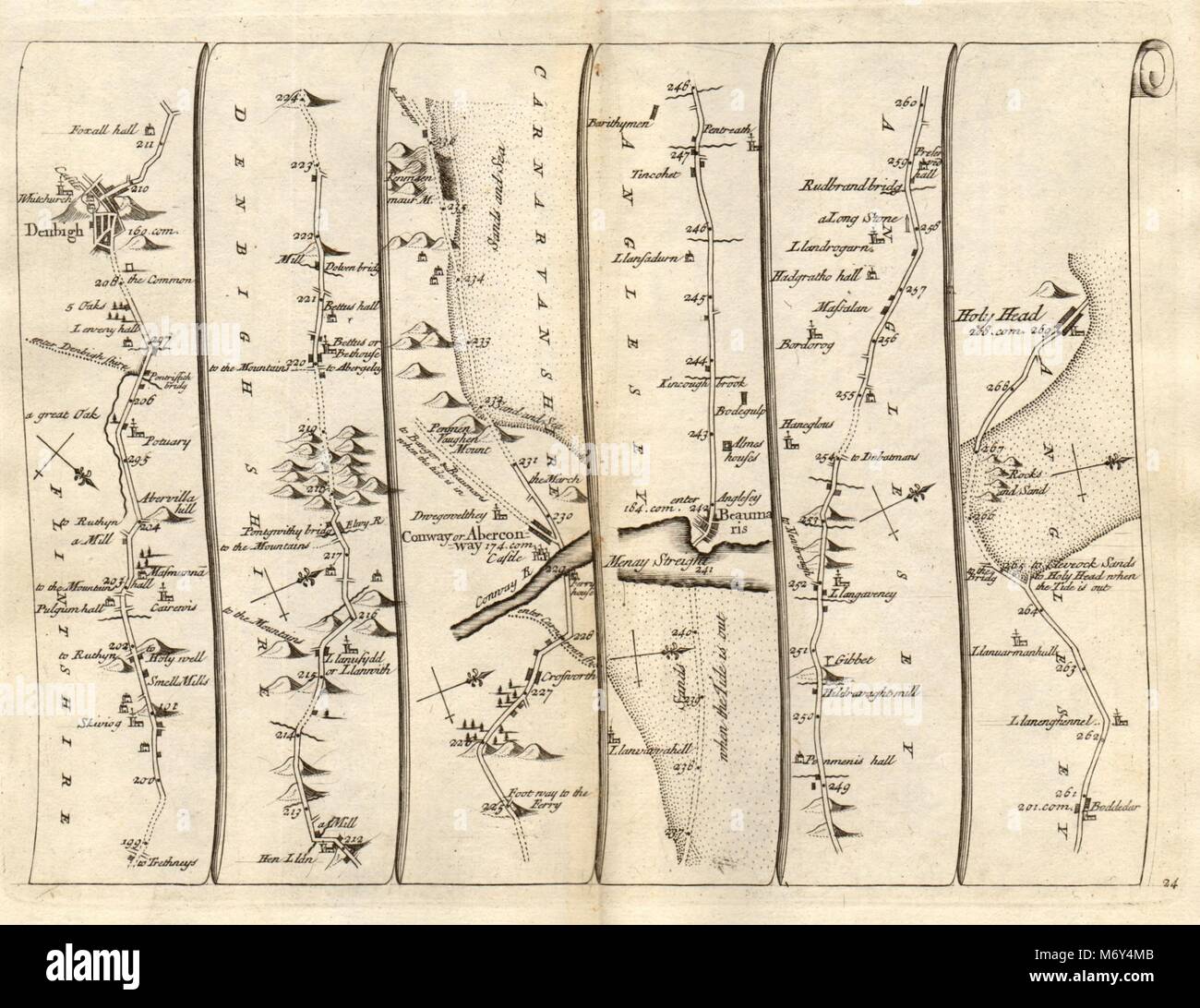 Denbigh Conwy Beaumaris Holyhead North Wales SENEX #24 road map 1719 ...