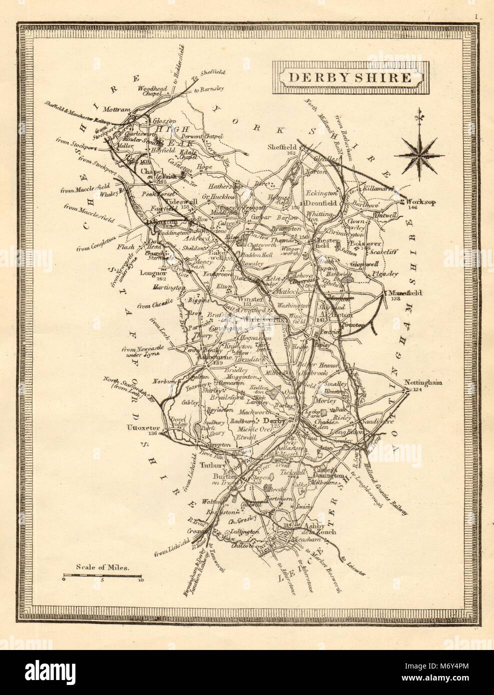 Antique county map of Derbyshire by John Heywood. Railways & coach ...