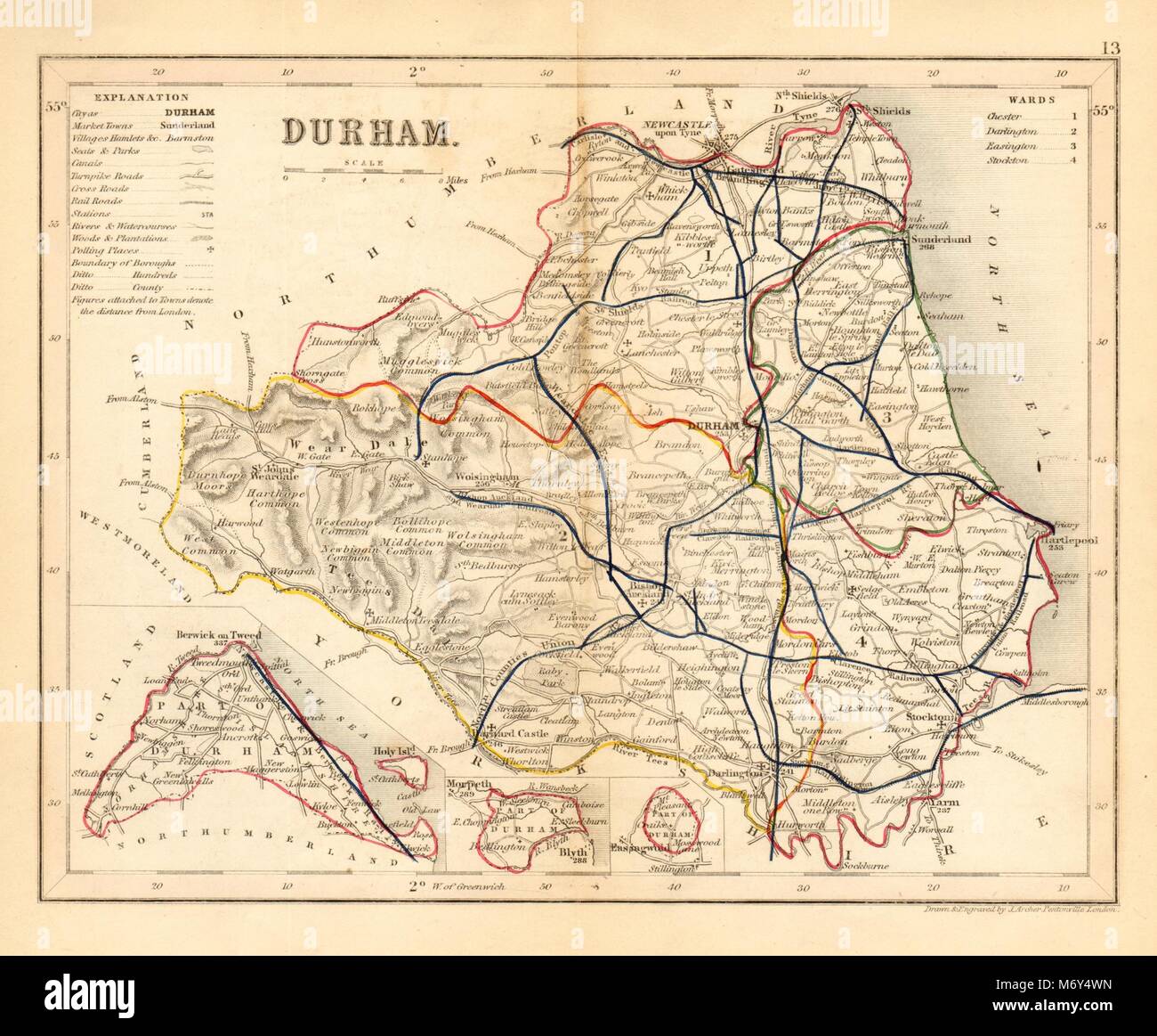 County durham antique county map hi-res stock photography and images ...